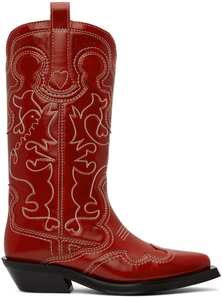 GANNI Red Embroidered Western Boots GANNI