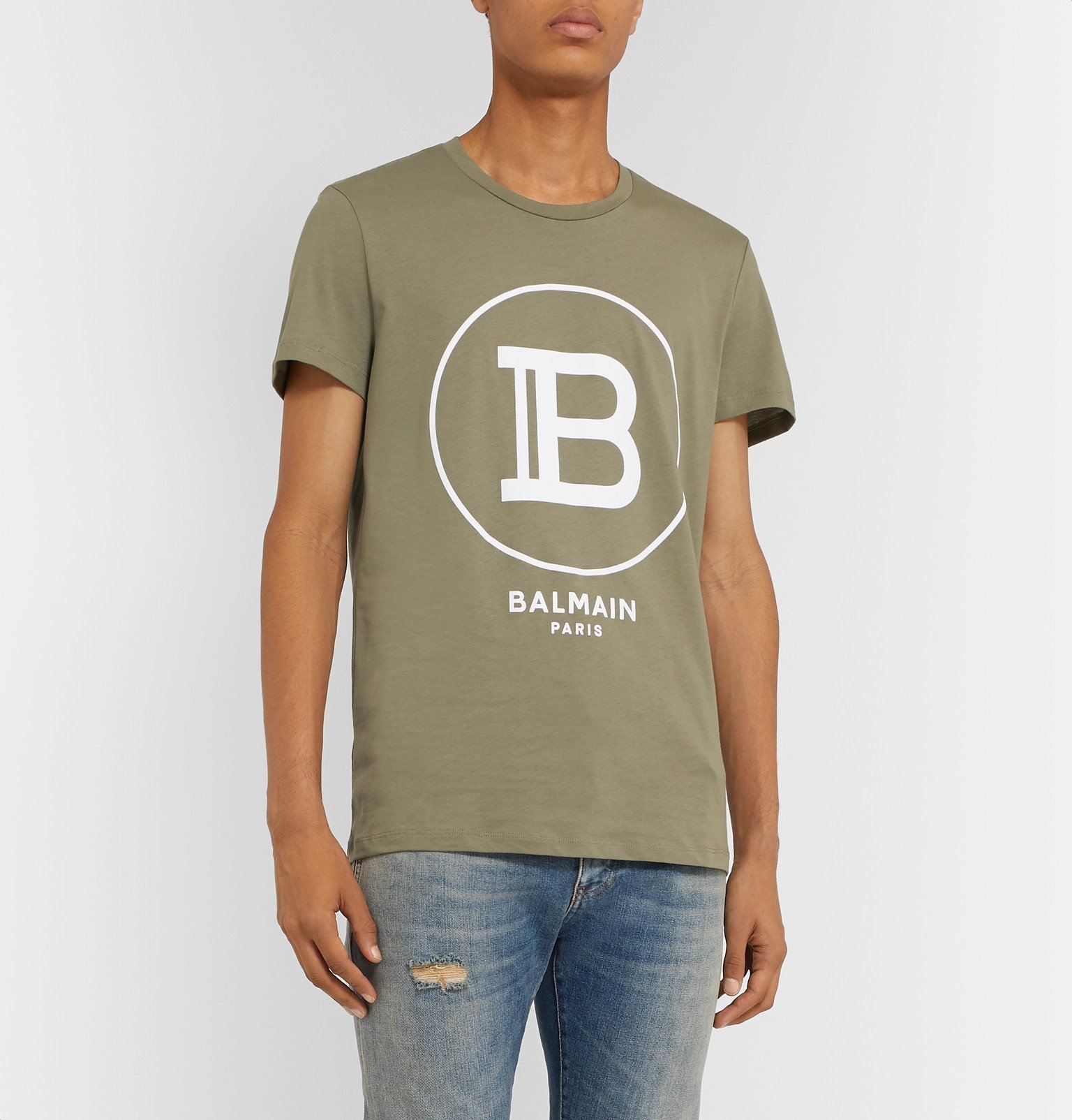 Balmain - Logo-Flocked Cotton-Jersey T-Shirt - Green Balmain