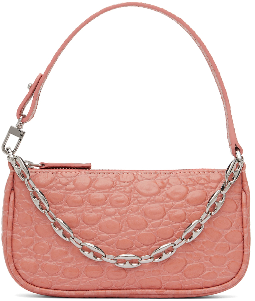 BY FAR Pink Mini Croc Rachel Shoulder Bag By Far