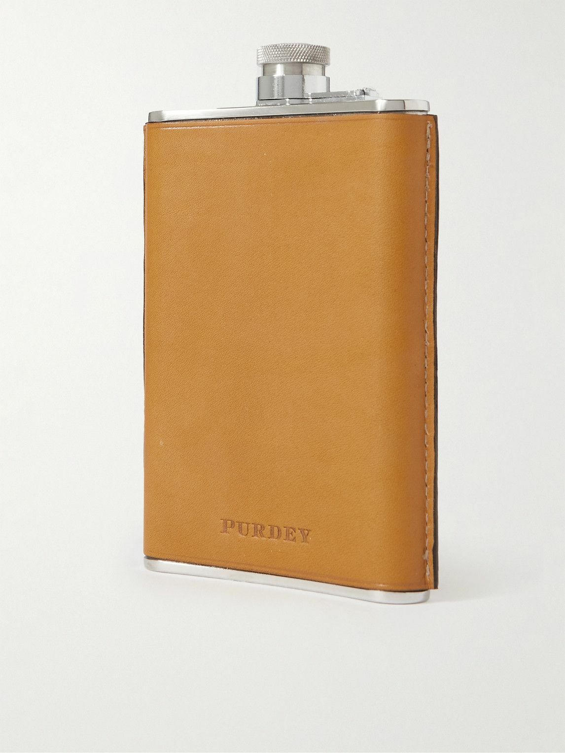 Purdey - 8oz Logo-Debossed Leather and Stainless Steel Flask Purdey