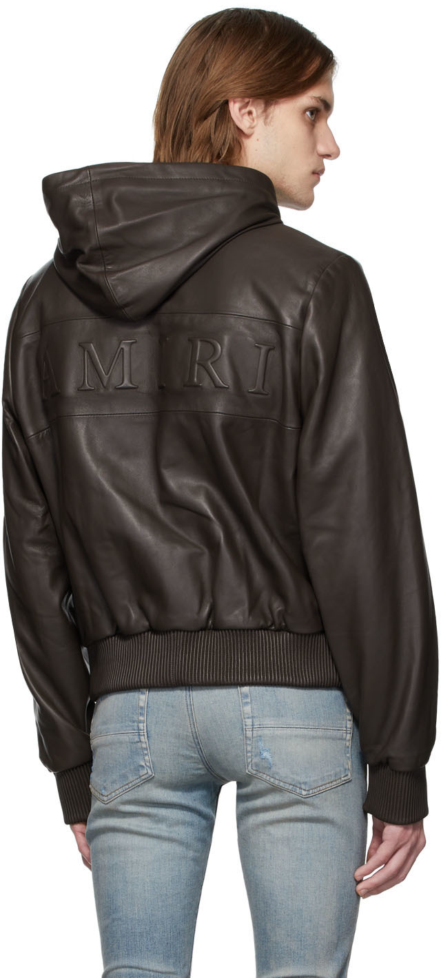 AMIRI Brown Leather Logo Hooded Jacket Amiri