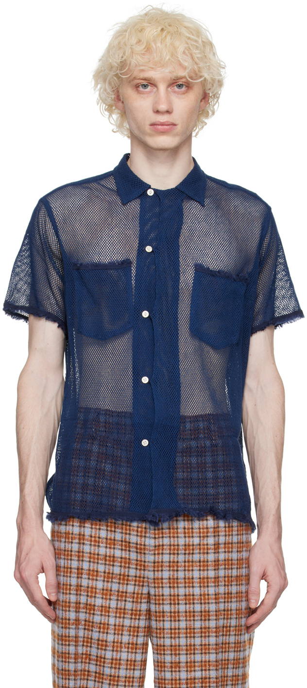 Bode Navy Feather Net Shirt Bode