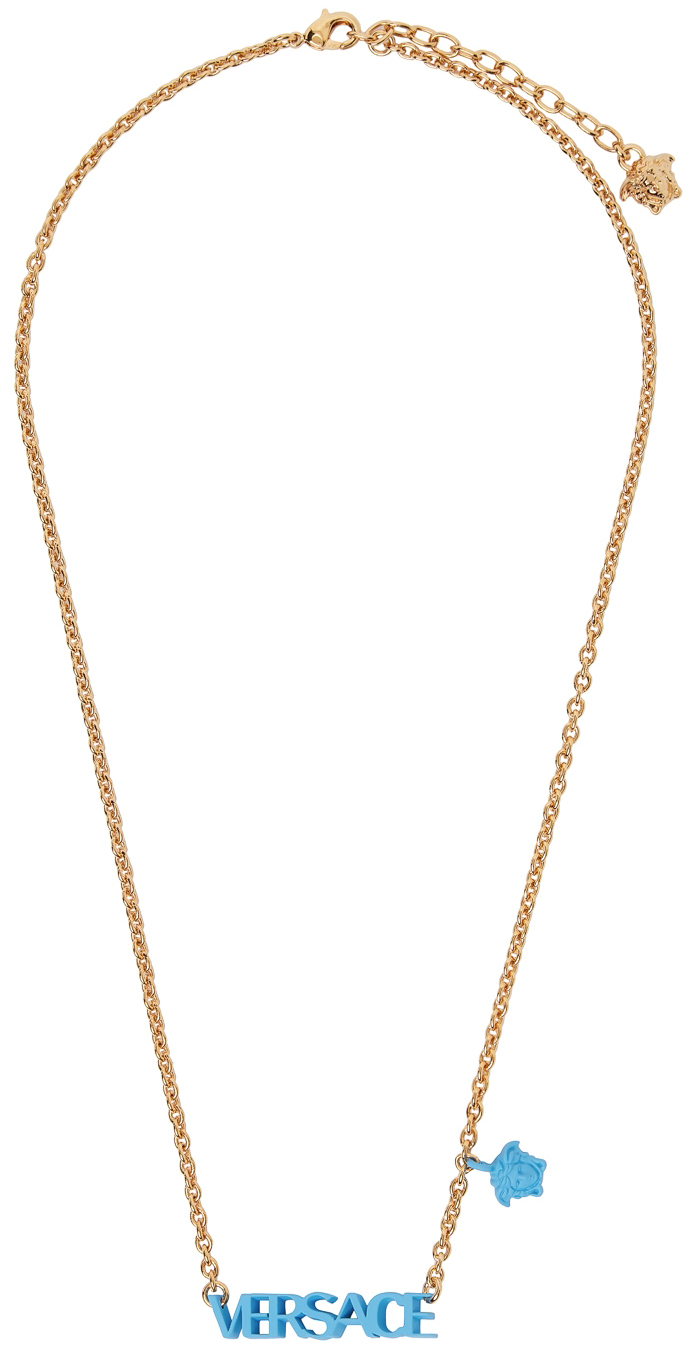 Versace Gold & Blue Logo Charm Necklace Versace