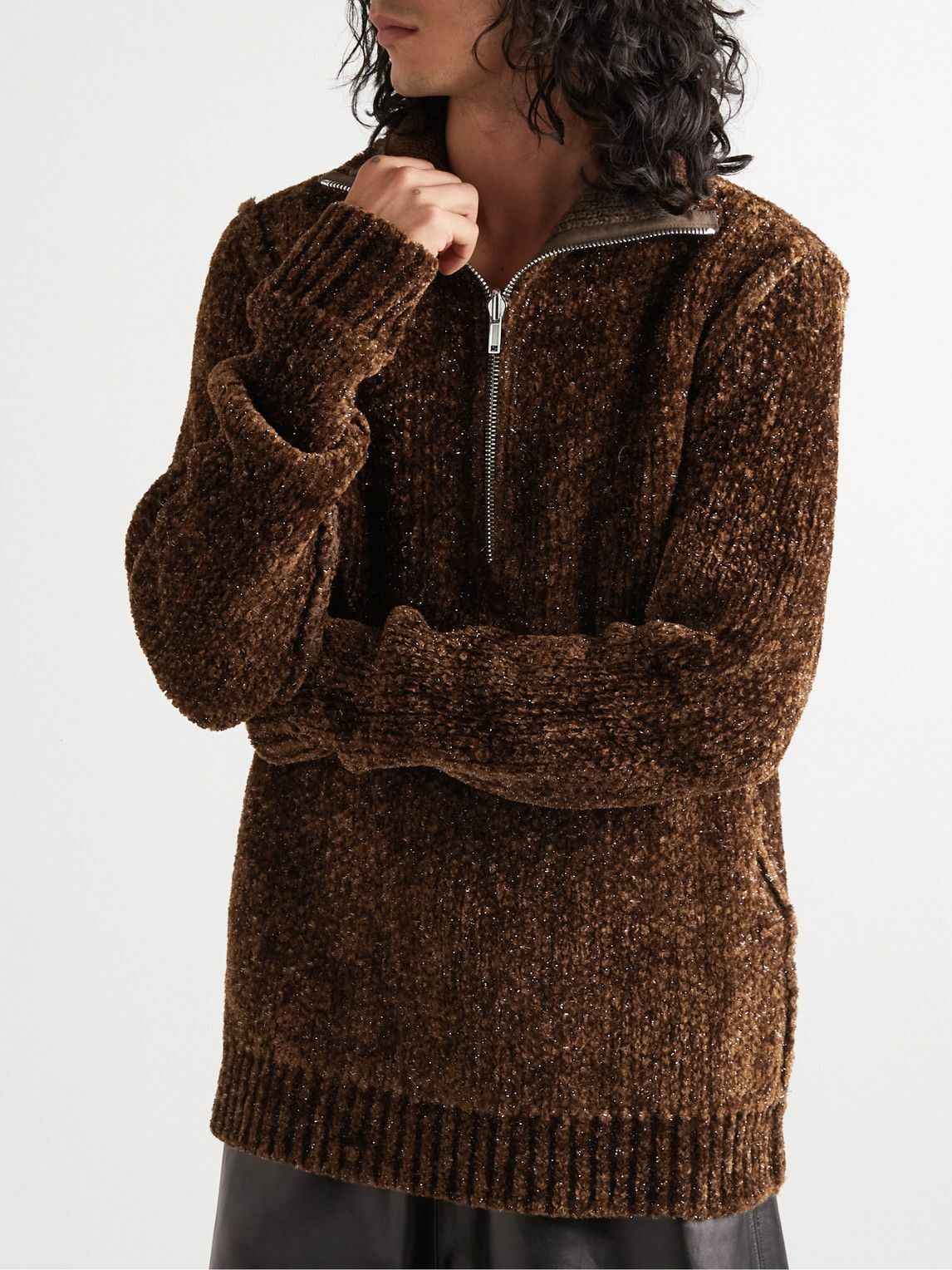 Raf Simons - Metallic Ribbed-Knit Half-Zip Sweater - Brown Raf Simons
