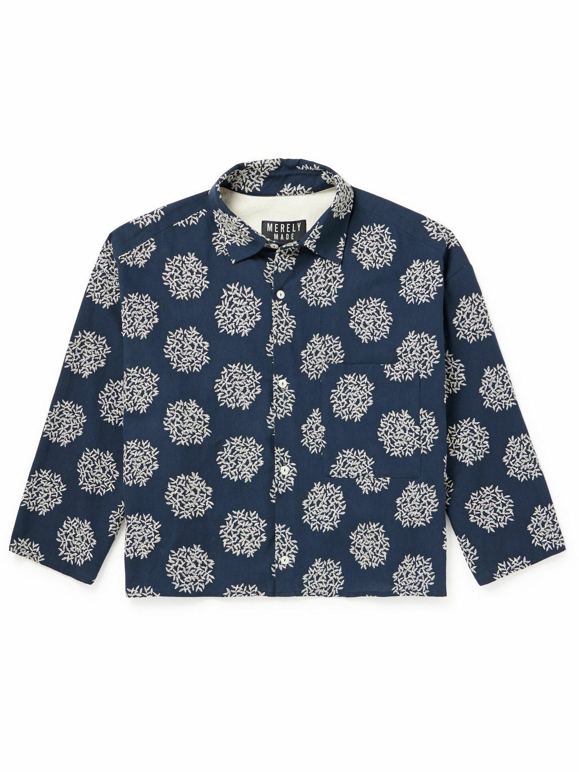 Merely Made - Cropped Embroidered Cotton and Linen-Blend Shirt - Blue