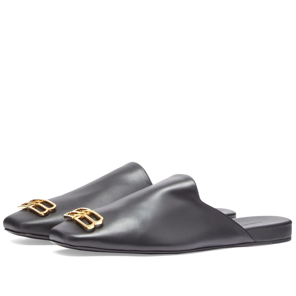Balenciaga Men's Leather Cosy BB Mule in Black/Gold Lux Balenciaga
