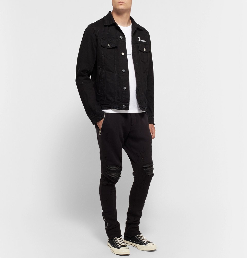 AMIRI - Appliquéd Embroidered Distressed Denim Jacket - Men - Black Amiri
