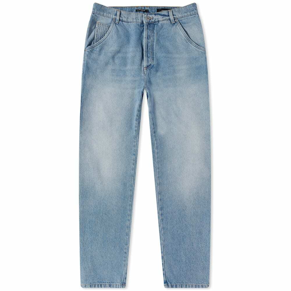 Balmain Men's Straight Monogram Denim Pant in Blue Balmain