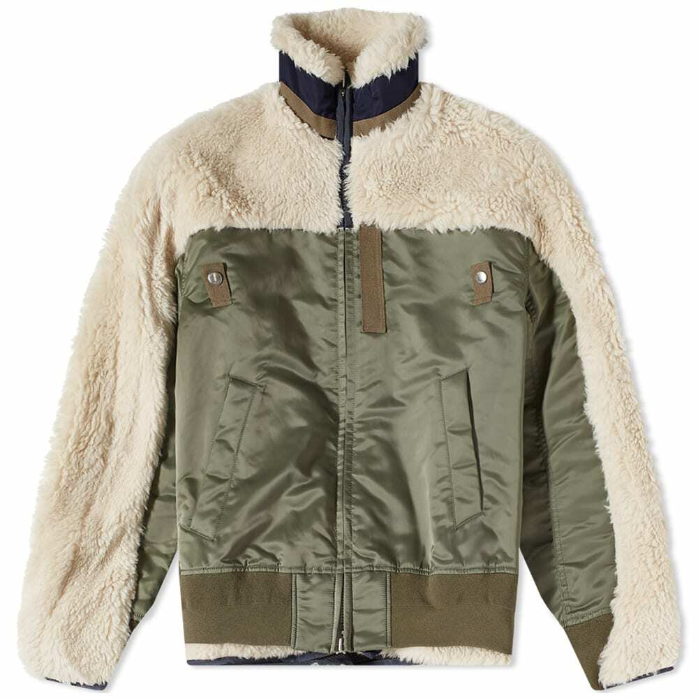 Sacai Men's Faux Shearling Nylon Fleece Jacket in Ecru Sacai