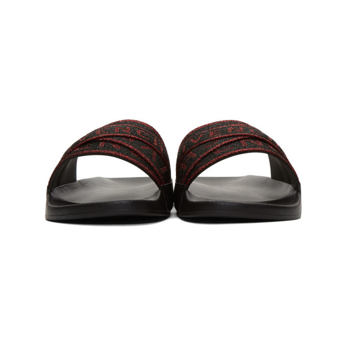 Givenchy Black and Red Glitter Flat Pool Slides Givenchy