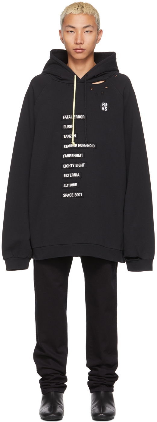 Raf Simons Black Smiley Edition Patched Text Hoodie Raf Simons