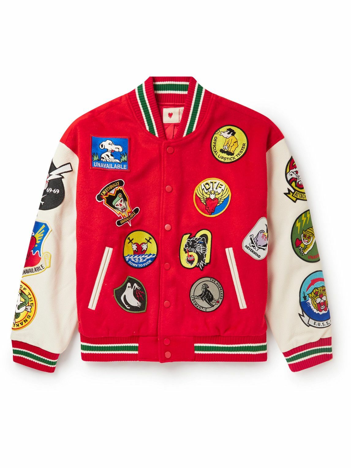 Emotionally Unavailable - Appliquéd Felt and Faux Leather Varsity ...