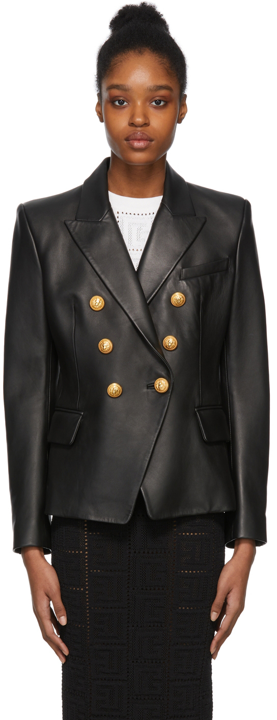 Balmain Black Six-Button Leather Jacket Balmain
