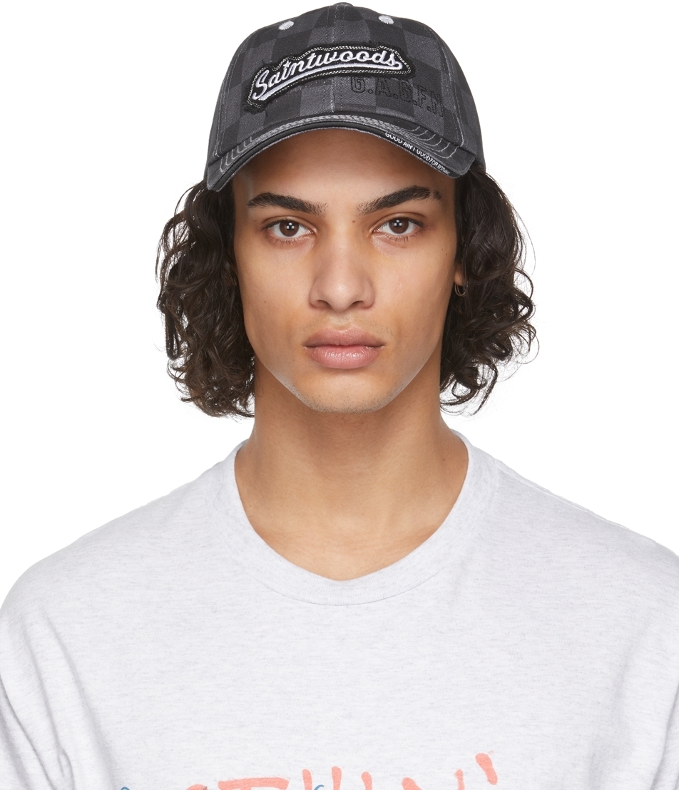 Saintwoods Black & Grey Checkered Distressed Baseball Cap Saintwoods