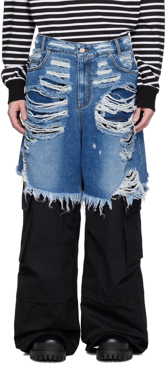 Juun.J Blue & Black Layered Denim Cargo Pants Juun.J