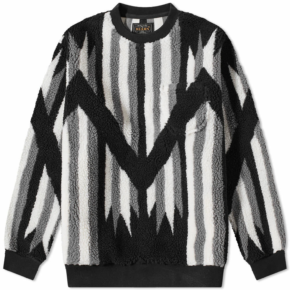 Beams Plus Men's Native Rag Pattern Boa Fleece Crew Sweat in Black ...