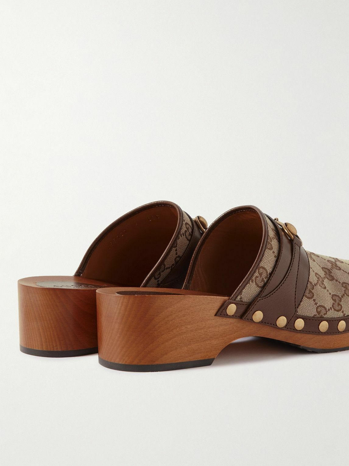 GUCCI - Horsebit Leather-Trimmed Monogrammed Canvas Clogs - Neutrals Gucci