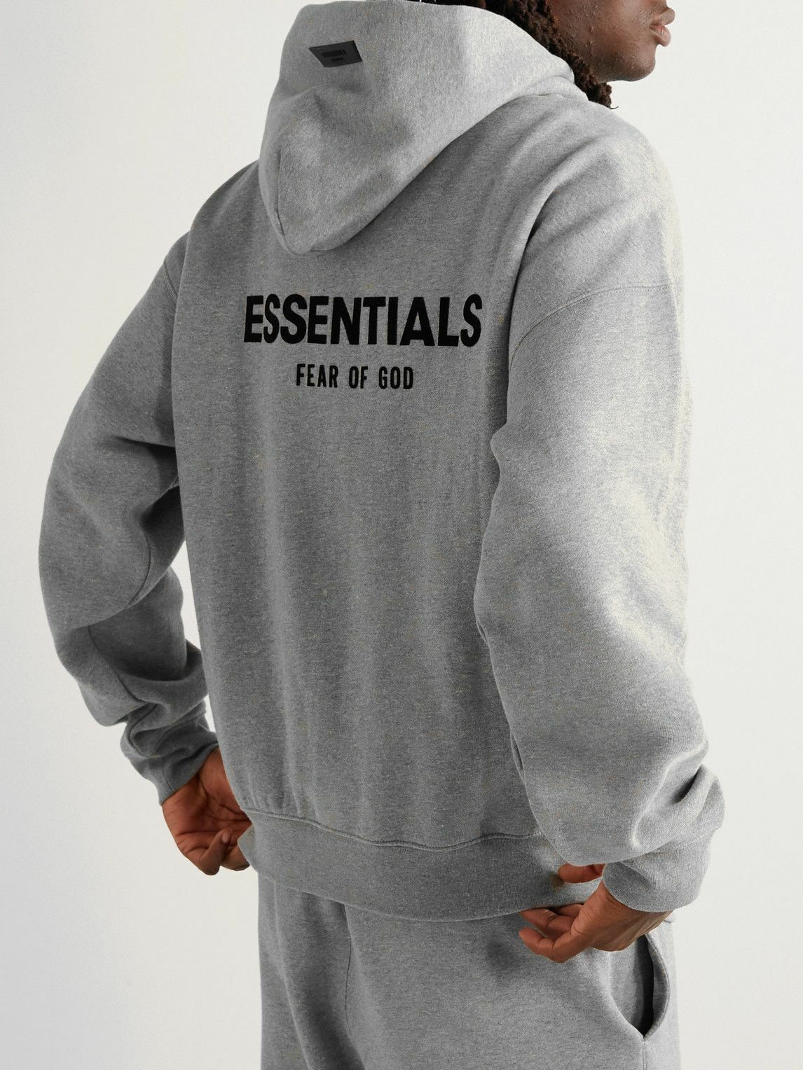 FEAR OF GOD ESSENTIALS - Logo-Flocked Cotton-Blend Jersey Hoodie - Gray ... FEAR OF GOD ESSENTIALS - Logo-Flocked Cotton-Blend Jersey Hoodie - Gray ...
