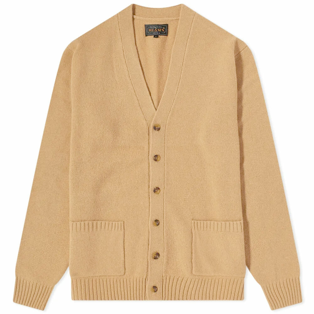Beams Plus Men's 7G Elbow Patch Cardigan in Beige Beams Plus