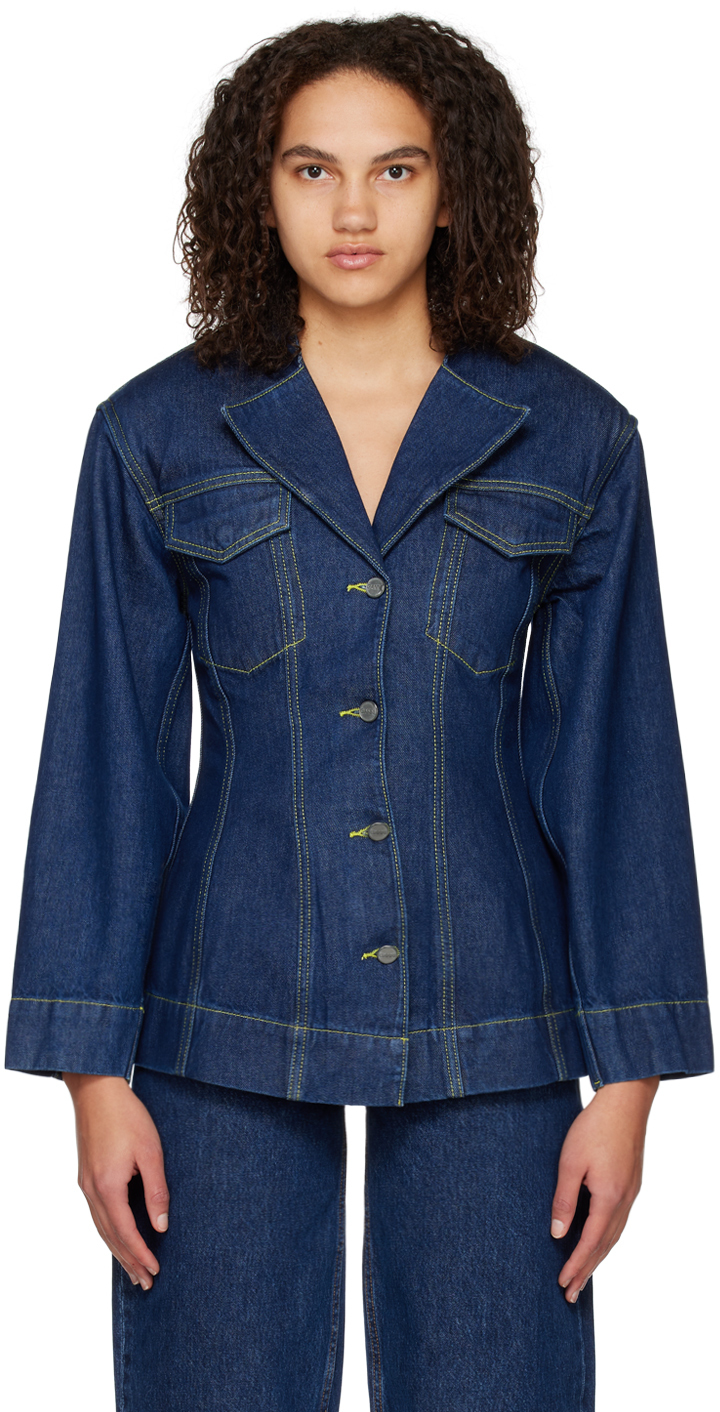 GANNI Navy Fitted Denim Blazer GANNI