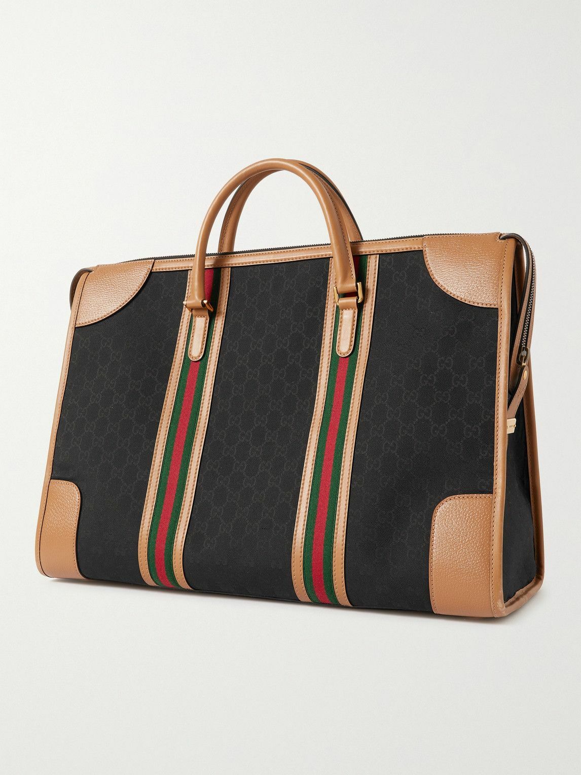 GUCCI - Leather and Webbing-Trimmed Monogrammed Coated-Canvas Duffle ...