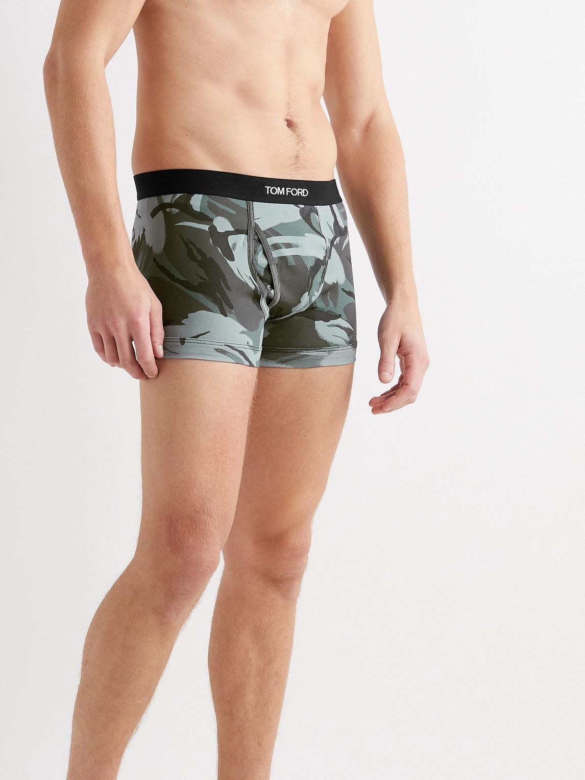 Tom Ford Camouflage Print Stretch Cotton Jersey Boxer Briefs Green