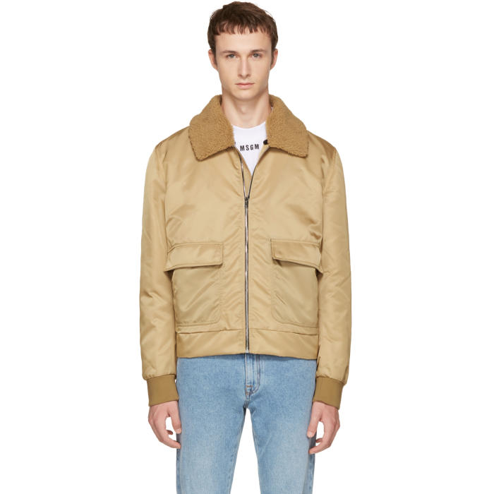 MSGM Brown Shearling Collar Bomber Jacket MSGM