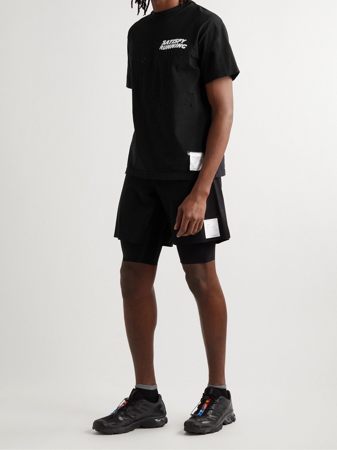 Satisfy - Logo-Print Distressed MothTech Cotton-Jersey T-Shirt - Black ...