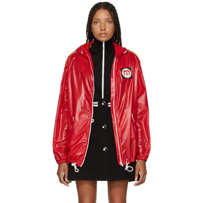 Miu Miu Red Nylon Logo Patch Jacket Miu Miu