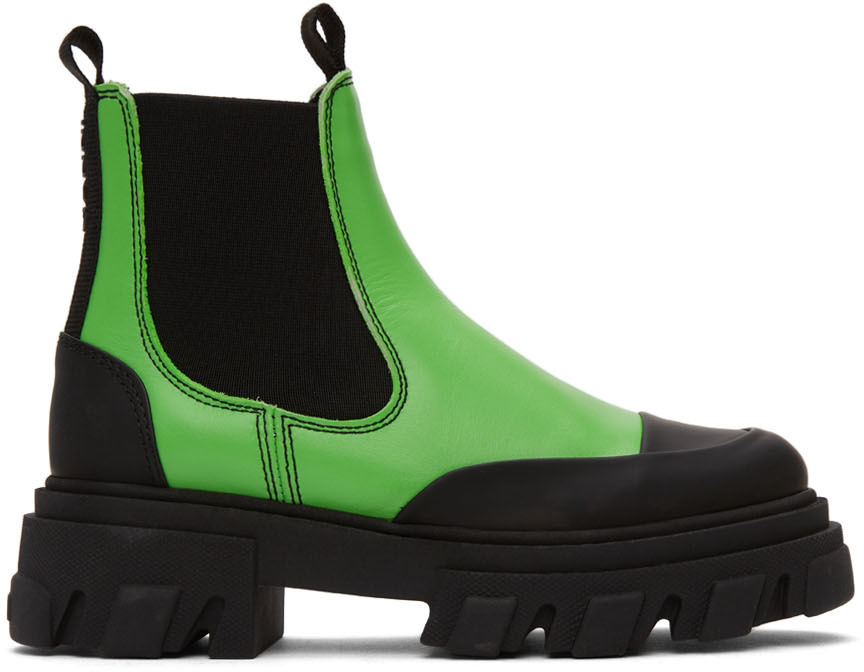 GANNI Green & Black Leather Ankle Boots GANNI