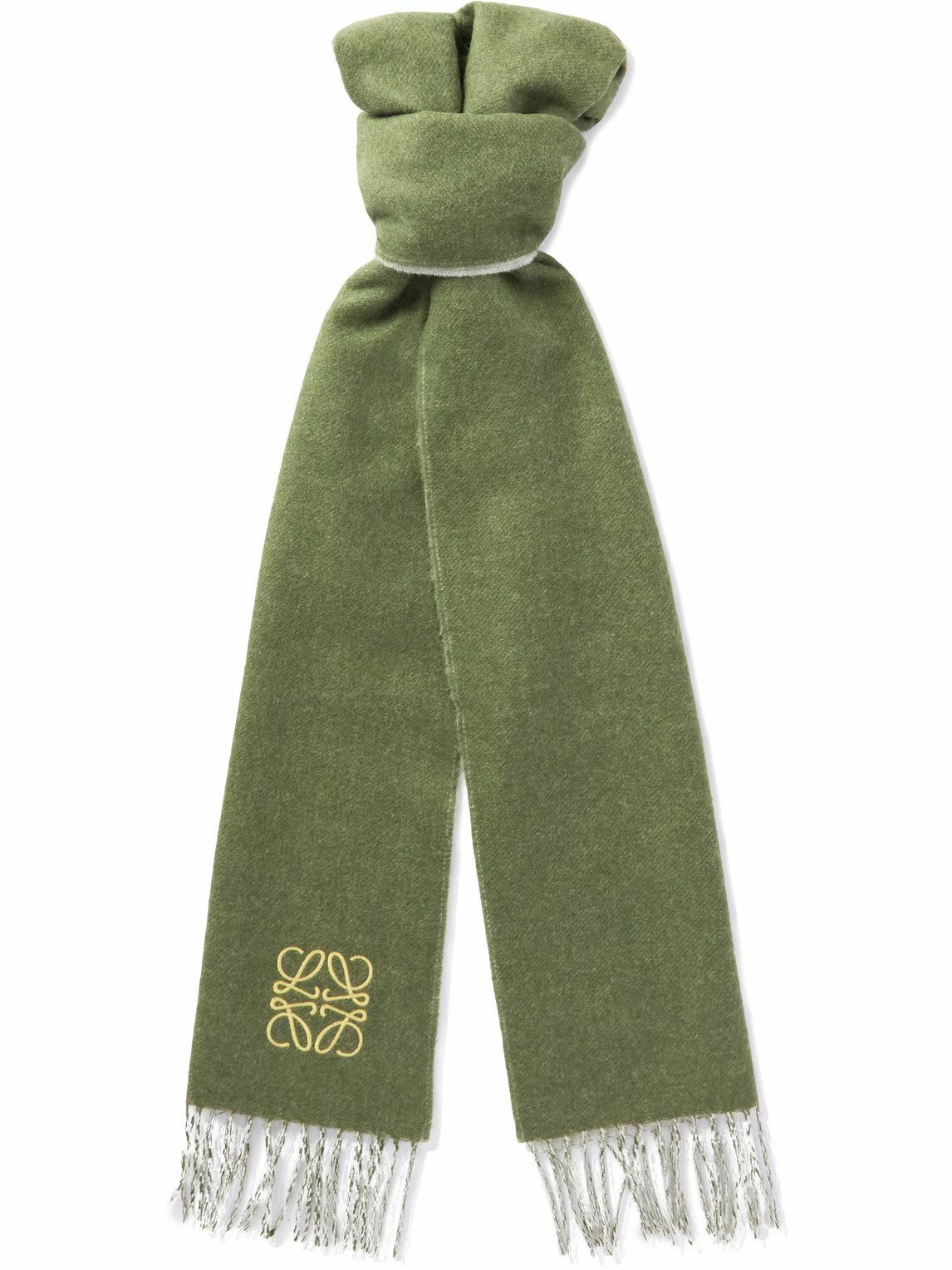 Loewe - Fringed Logo-Embroidered Two-Tone Wool and Cashmere-Blend Scarf ...