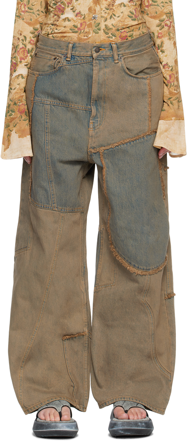 Acne Studios Tan & Blue Patchwork Wide-Leg Jeans Acne Studios