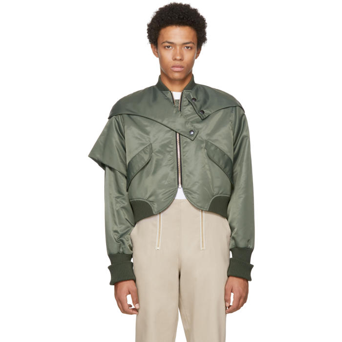 Vejas Green Asymmetric Flap Bomber Jacket Vejas