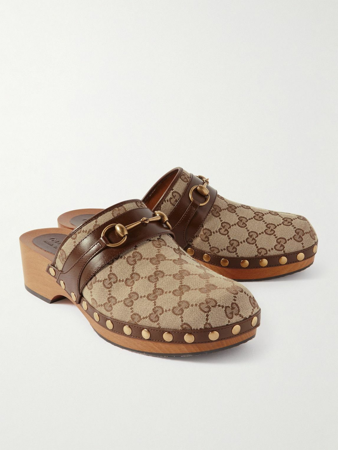 GUCCI - Horsebit Leather-Trimmed Monogrammed Canvas Clogs - Neutrals Gucci