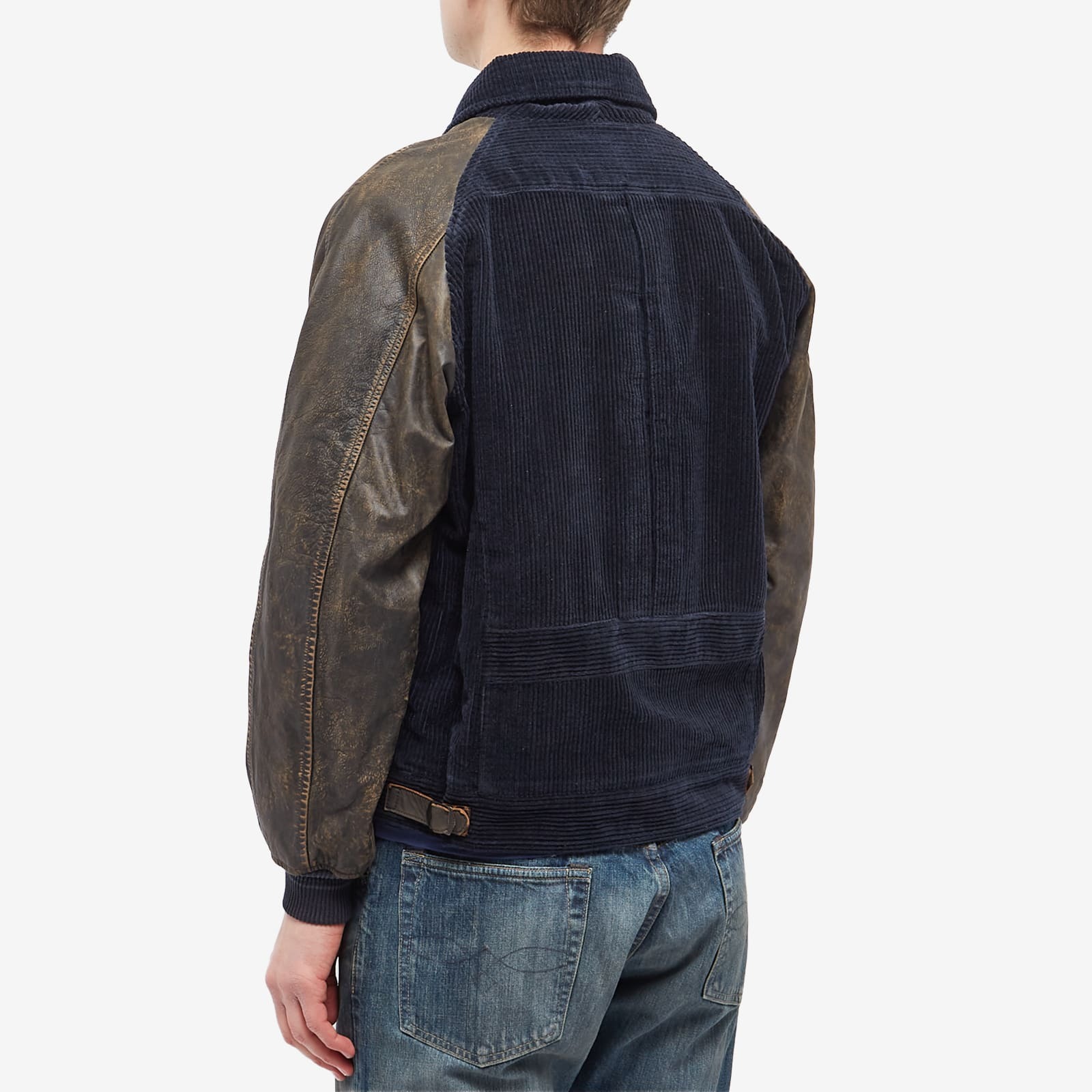 RRL Men's Farewell Varsity Lined Bomber Jacket in Black/Deep Navy RRL