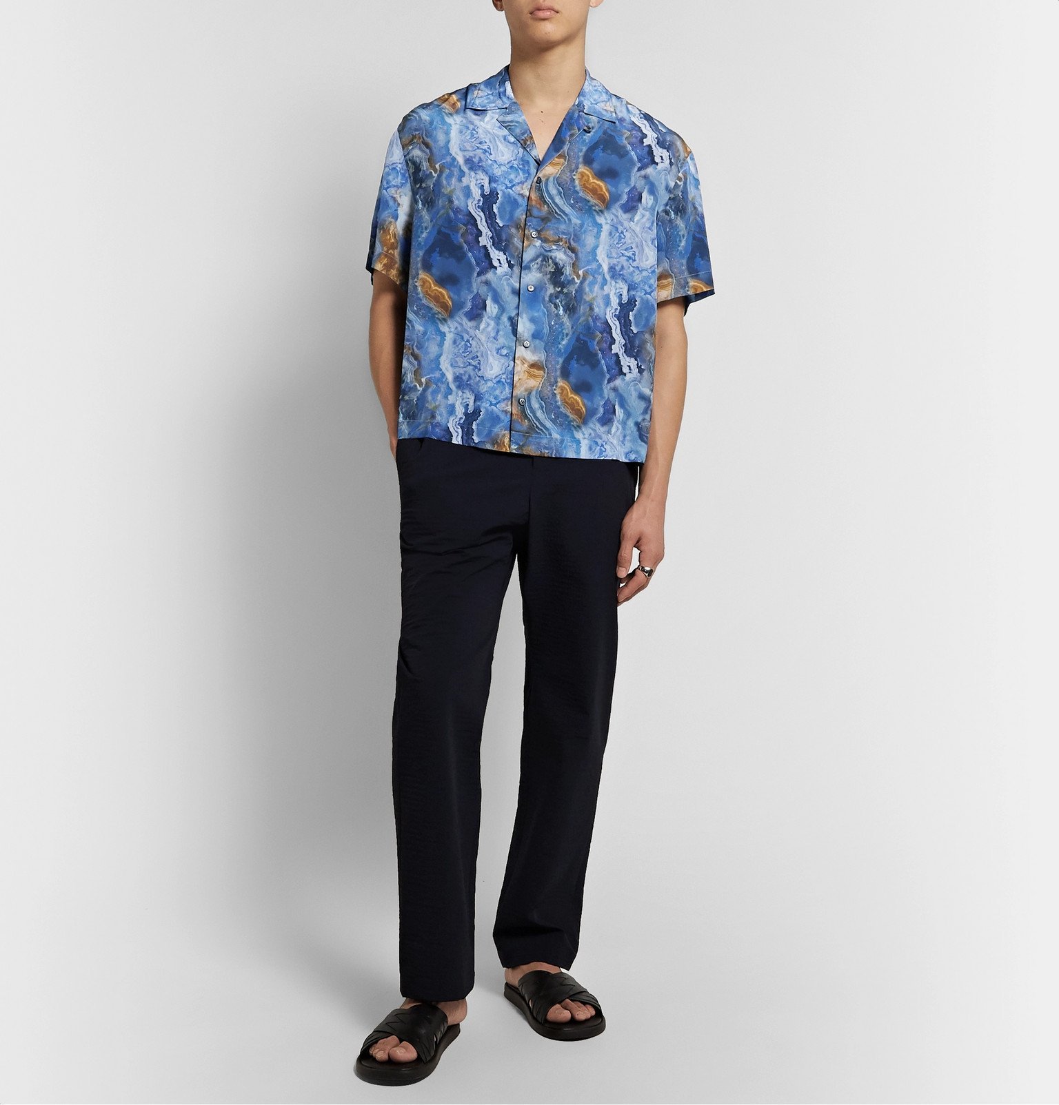 Deveaux - Resort Camp-Collar Printed Silk Shirt - Blue Deveaux New York