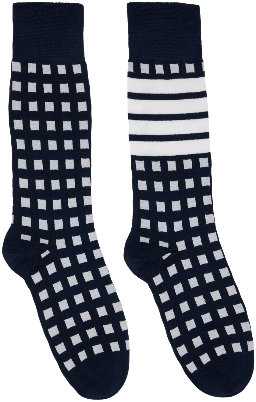 Thom Browne Navy Gingham 4-Bar Socks Thom Browne
