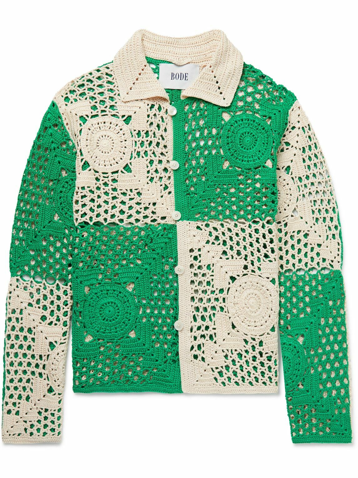 BODE - Colour-Block Crochet-Knit Cotton Shirt - Green Bode